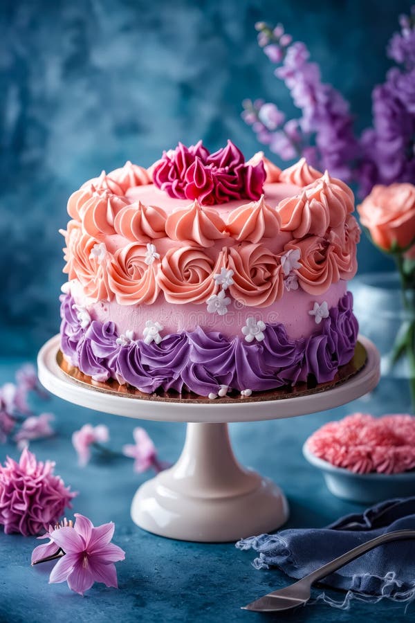 A Pink and Purple Cake Sitting on Top of a White Cake Stand. Generative ...