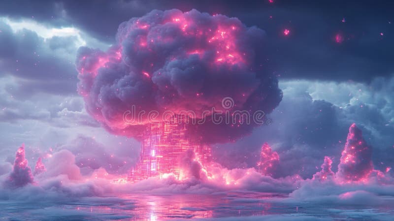 Pink and Purple Cloud Explosion Over a Glowing City Stock Illustration ...