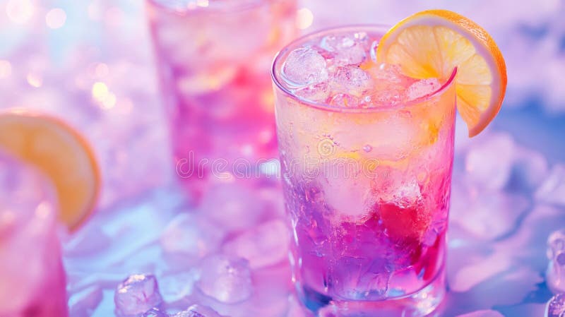 Pink and Purple Cocktail with Ice and Lemon Garnish Stock Illustration ...