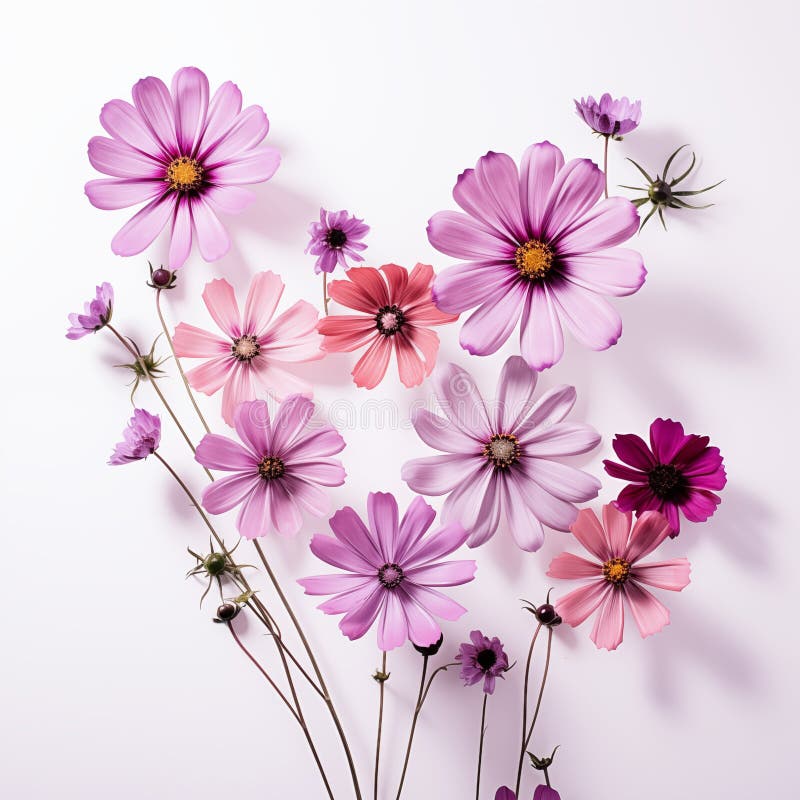 Pink and Purple Cosmos Flowers on White Background Stock Illustration ...