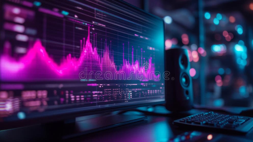 Pink and Purple Data Chart on Computer Screen at Night Stock ...