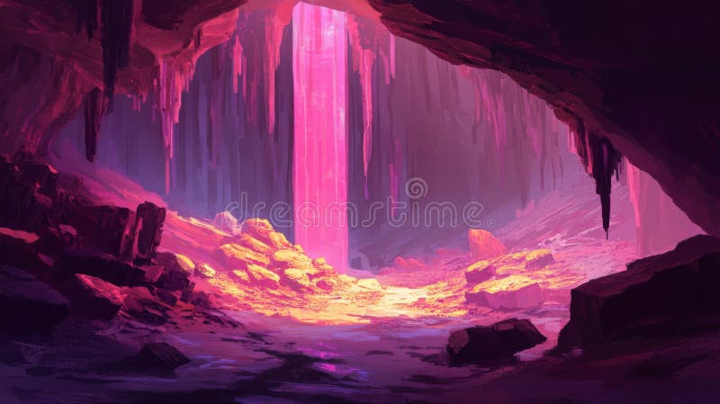 Pink and Purple Fantasy Cave with Glowing Light Beam Stock Illustration ...