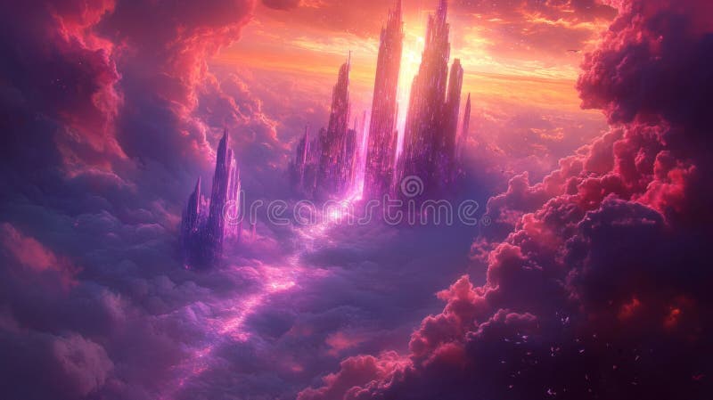 Pink and Purple Fantasy City in the Clouds at Sunset Stock Illustration ...