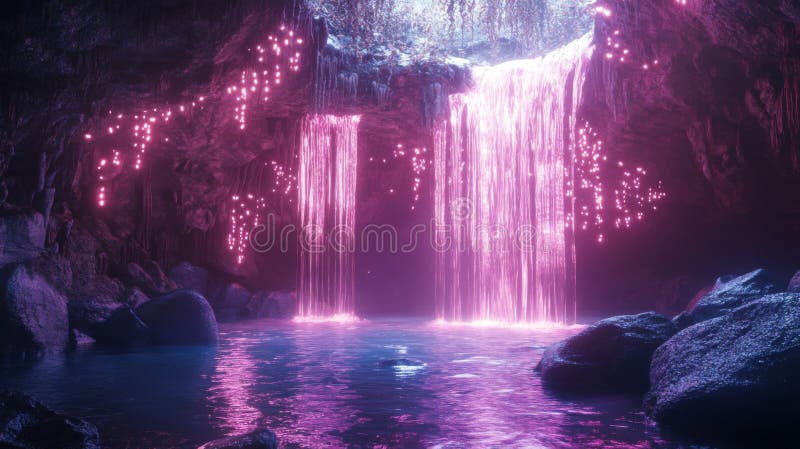 Pink and Purple Glowing Waterfall in a Dark Cave Stock Illustration ...