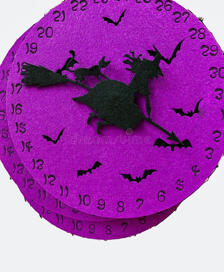 Pink Purple Halloween Clock with Witches and Bats Isolated on White ...
