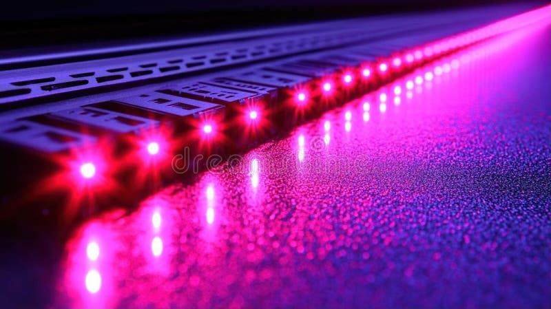 Pink and Purple LED Light Strip on Dark Reflective Surface Stock Photo ...