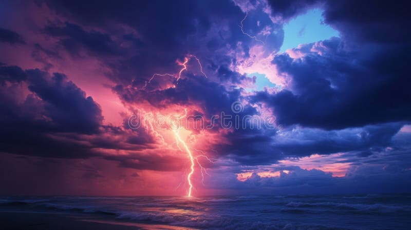 Pink Purple Lightning Strike Over Dark Ocean at Sunset Stock ...