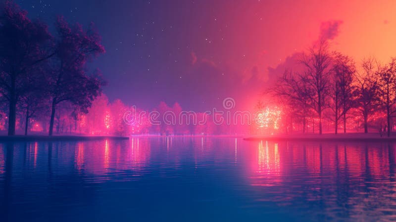 Pink and Purple Night Lake Landscape with Glowing Trees Stock ...