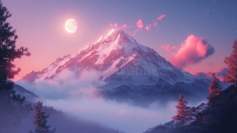 Pink and Purple Night Sky Over Snowy Mountain Stock Illustration ...
