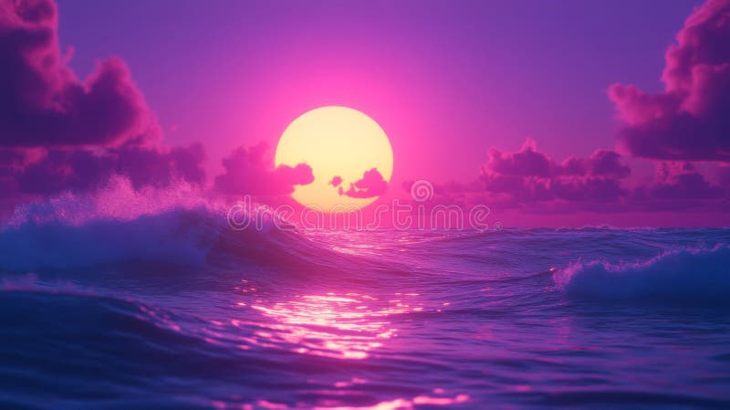 Pink and Purple Ocean Sunset with Waves Stock Illustration ...