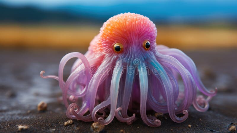 A Pink and Purple Octopus with Large Eyes on a Sandy Beach, AI Stock ...