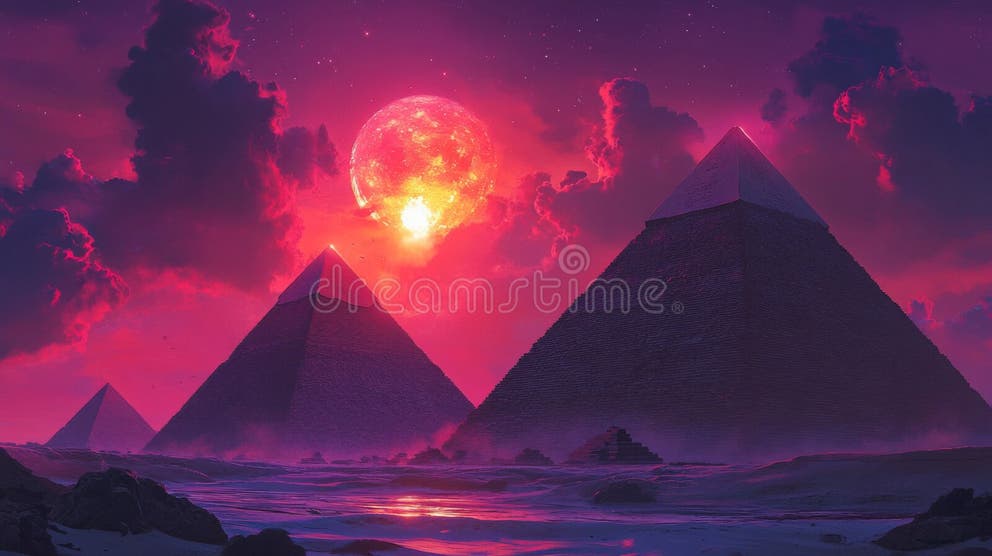 Pink and Purple Pyramids at Sunset Under a Red Moon Stock Illustration ...