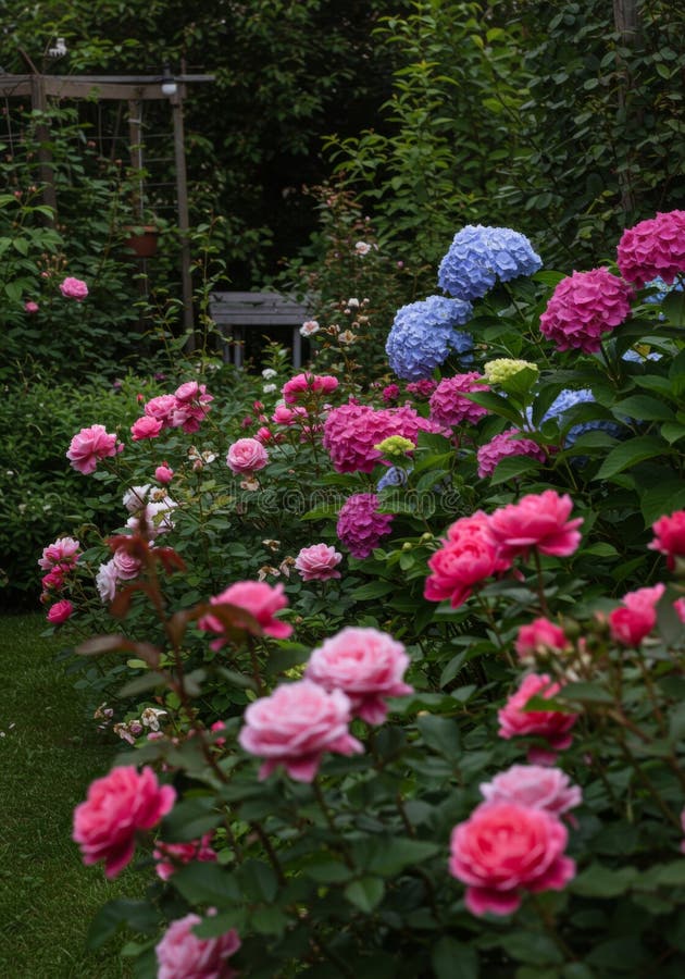 Pink and Purple Roses and Blue Hydrangeas in Lush Garden Stock Illustration - Illustration of ...