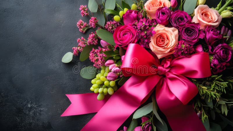 Pink and Purple Roses Bouquet with Ribbon Stock Illustration ...