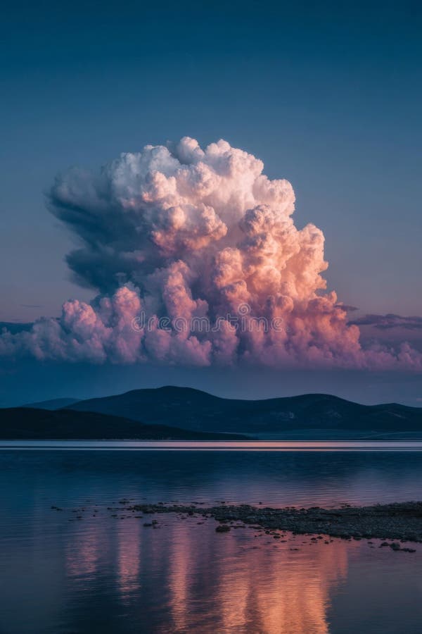 Pink and Purple Sunset Clouds Over a Calm Lake and Mountains Stock ...