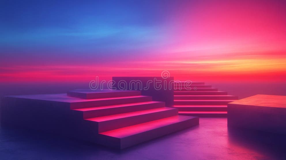 Pink and Purple Sunset with Glowing Platforms and Steps Stock ...