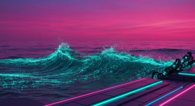 Pink Purple Sunset Over Glowing Ocean Wave Stock Illustration ...