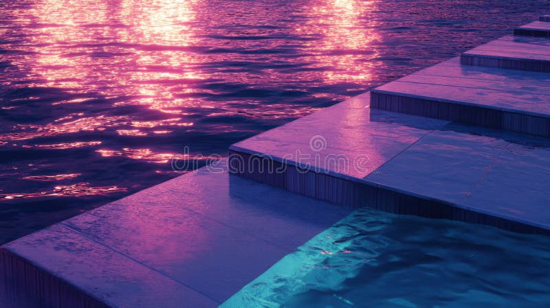 Pink and Purple Sunset Reflection on Pool Steps Stock Illustration ...