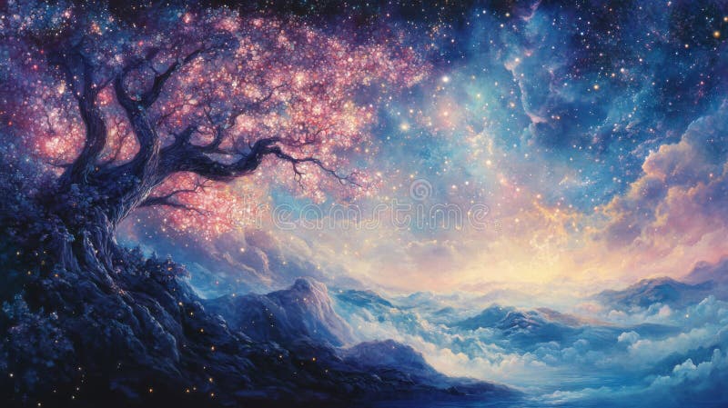 Pink and Purple Tree Underneath a Starry Night Sky Over Mountains Stock ...