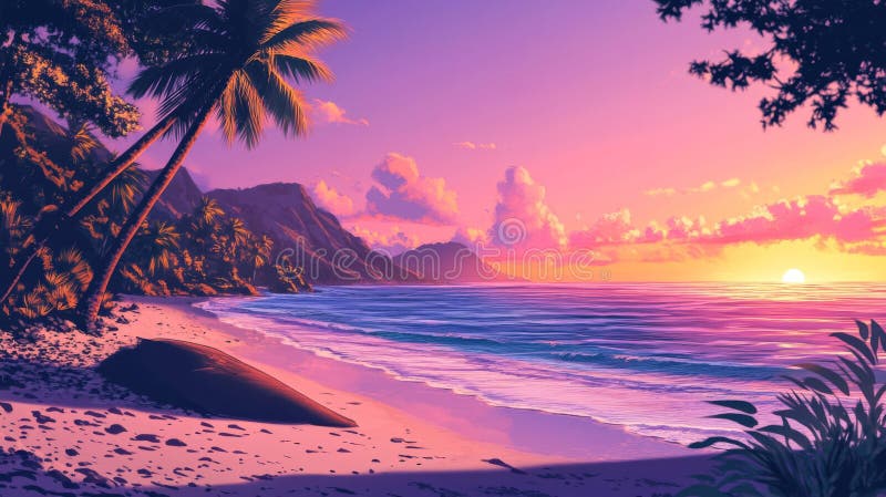 Pink and Purple Tropical Sunset Beach Scene Stock Illustration ...
