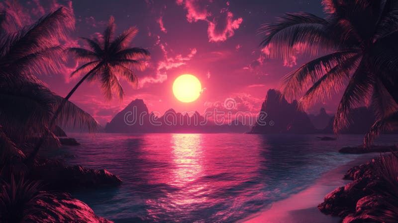 Pink and Purple Tropical Sunset Over Ocean Beach Stock Illustration ...