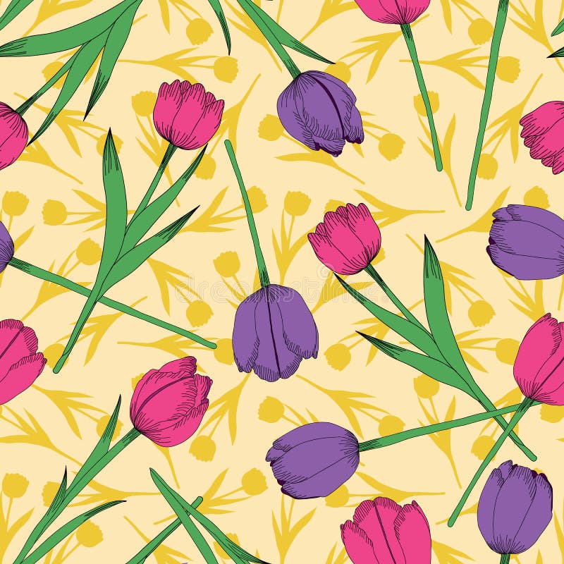 Pink Purple Tulips Vector Seamless Pattern on Yellow Background Stock ...