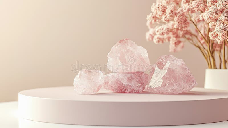 Pink Quartz and Flowers on Minimalist Display Stand in Soft Light Stock ...