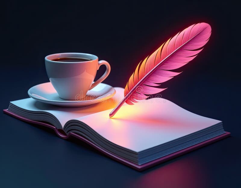 Pink Quill Pen on Open Book with Coffee Cup - Creative Writing Concept ...