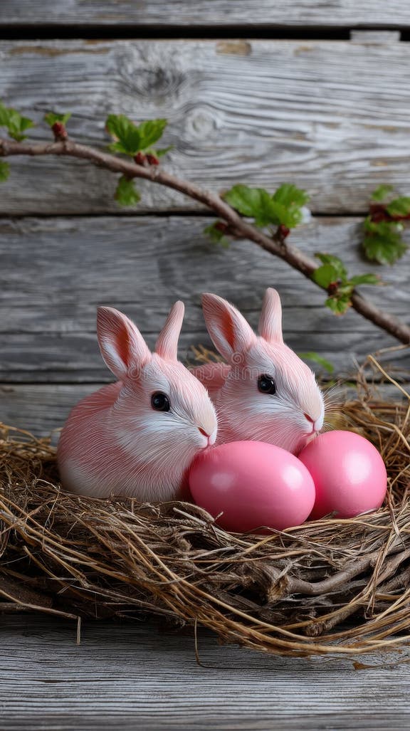 Pink Rabbit Figurines with Dyed Eggs Nested Together in Springtime ...