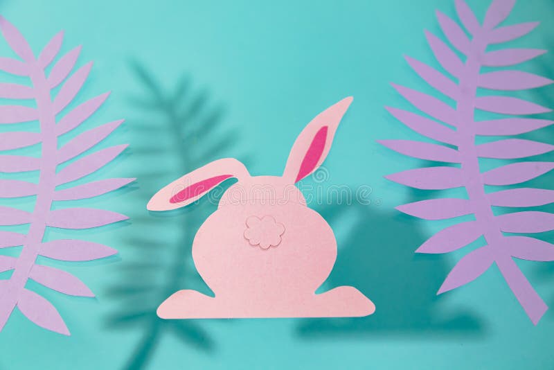 Pink Rabbit and Palm Leaves on a Blue Background Stock Image - Image of ...