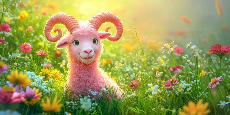 Pink Ram in a Flower Meadow Stock Illustration - Illustration of lamb ...