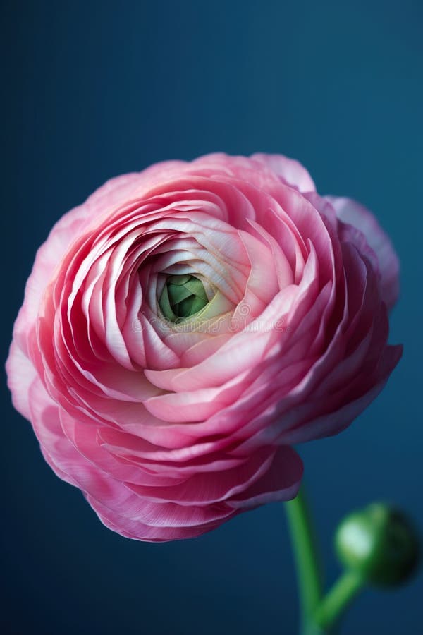 Pink Ranunculus Flower on Dark Blue Background, Close-up. Stock ...
