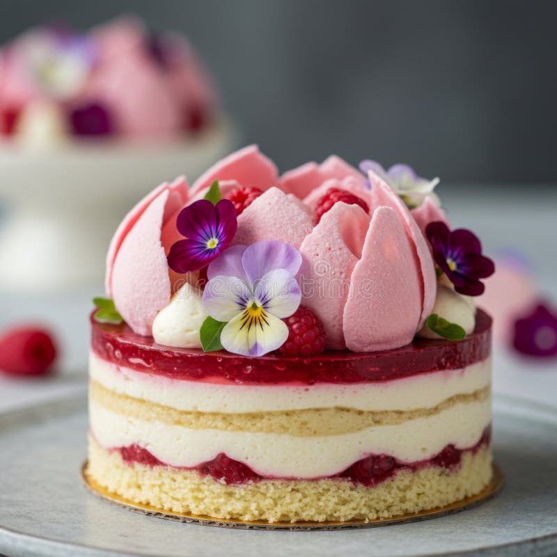 Pink Raspberry Cake with Pansies and Whipped Cream Stock Photo - Image ...
