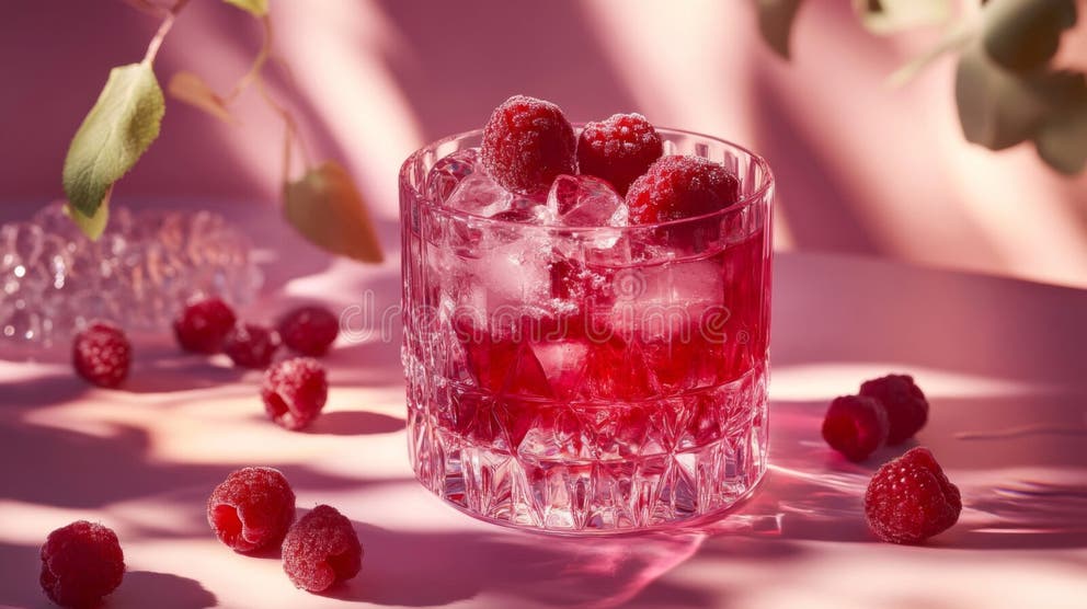 Pink Raspberry Cocktail with Ice in Crystal Glass Stock Illustration ...
