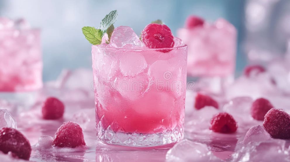 Pink Raspberry Cocktail with Ice and Mint Stock Illustration ...