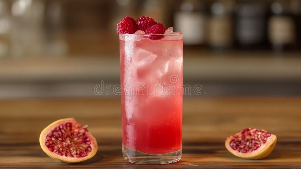Pink Raspberry Cocktail with Ice in Tall Glass Stock Illustration ...