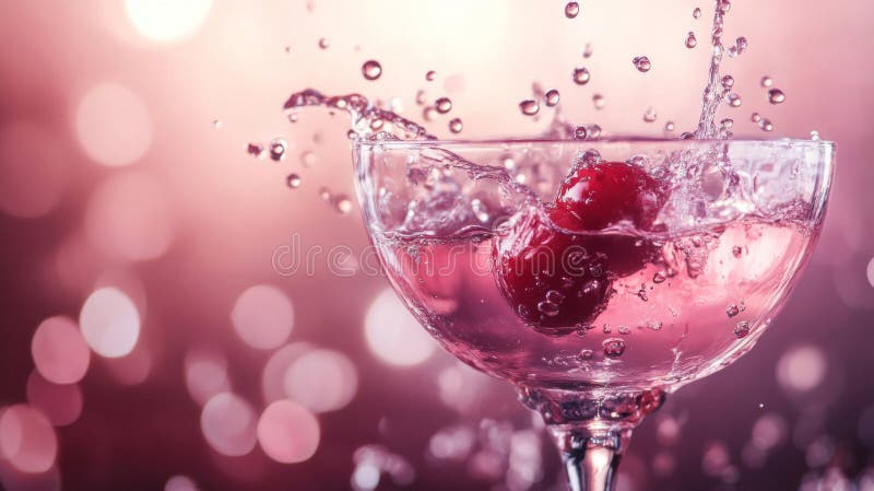 Pink Raspberry Cocktail Splash in Glass with Bokeh Background Stock ...