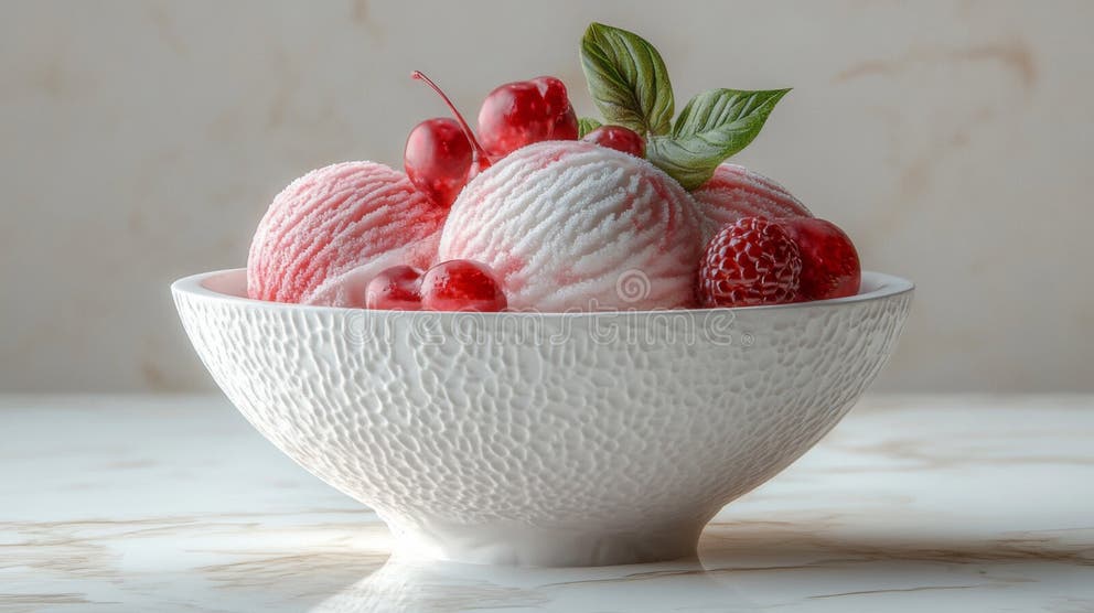 Pink Raspberry Ice Cream in Textured White Bowl Stock Illustration ...