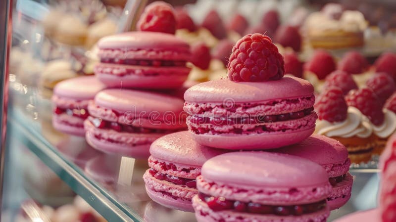 Pink Raspberry Macarons in Pastry Shop Stock Illustration ...