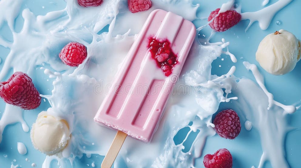 Pink Raspberry Popsicle with Milk Splash on Blue Background and Fresh ...