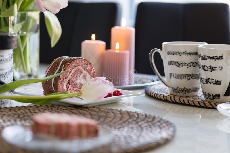 Pink Raspberry Roll Cake on a Plate. Stock Image - Image of cream ...