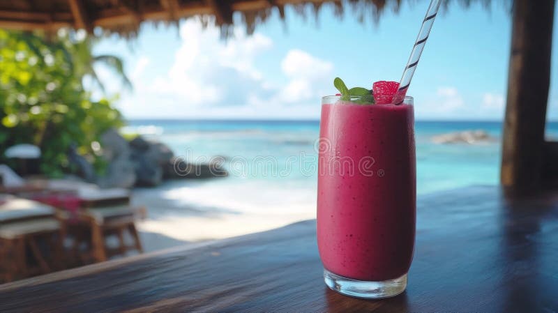 Pink Raspberry Smoothie on Tropical Beach Stock Illustration ...