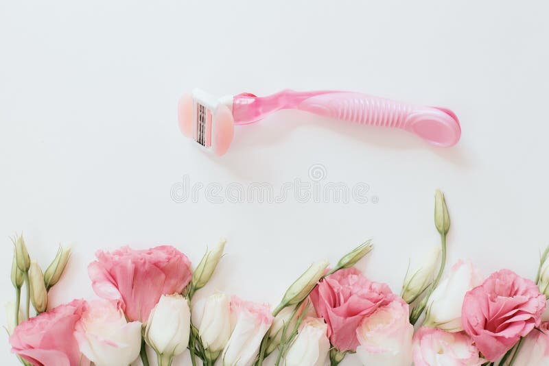 Pink Razor Close-up with Plants on a Light Gray Background. Rosebuds ...