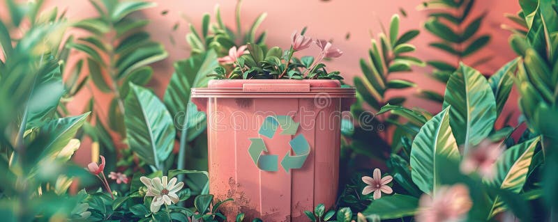 Pink Recycle Bin Surrounded by Lush Green Foliage Stock Illustration ...