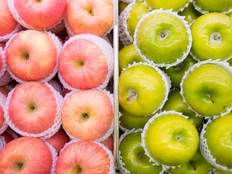 Pink Red Apples and Green Apples in Supermarket Stock Image - Image of ...