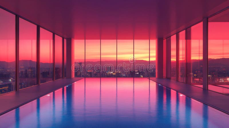 Pink and Red City Skyline Sunset View from Indoor Pool Stock ...
