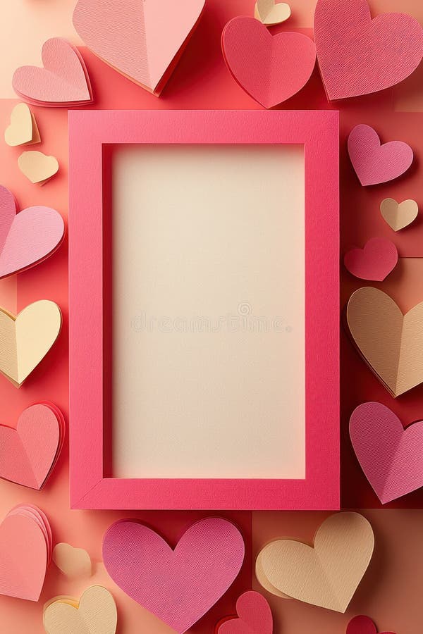 Pink and Red Paper Hearts Surround a Vibrant Pink Empty Rectangular ...