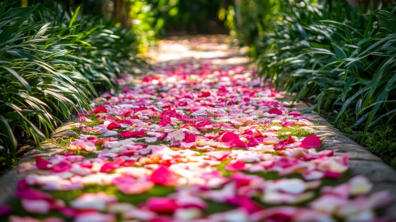 Pink and Red Rose Petals Path in a Lush Garden Stock Illustration ...