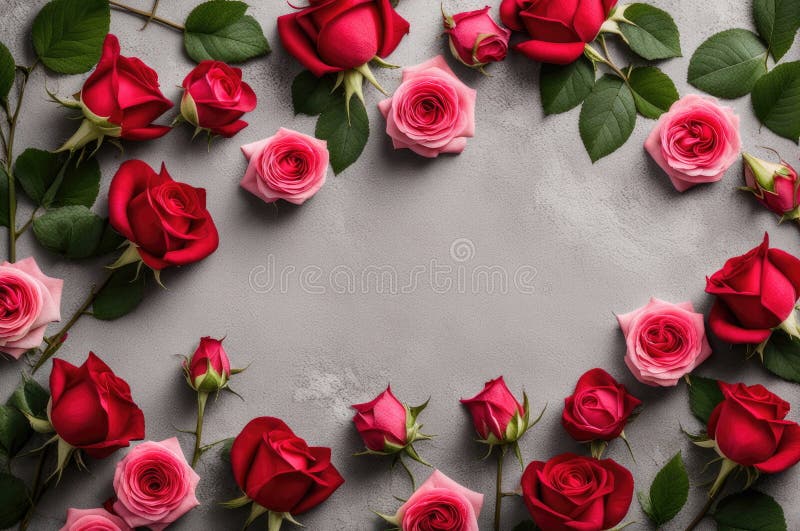 Pink and Red Roses Array on Grey Concrete Stock Image - Image of plant ...
