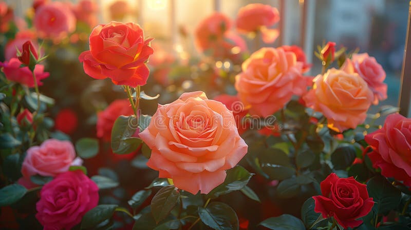 Pink and Red Roses Blooming in the Afternoon Sunlight Stock Image ...